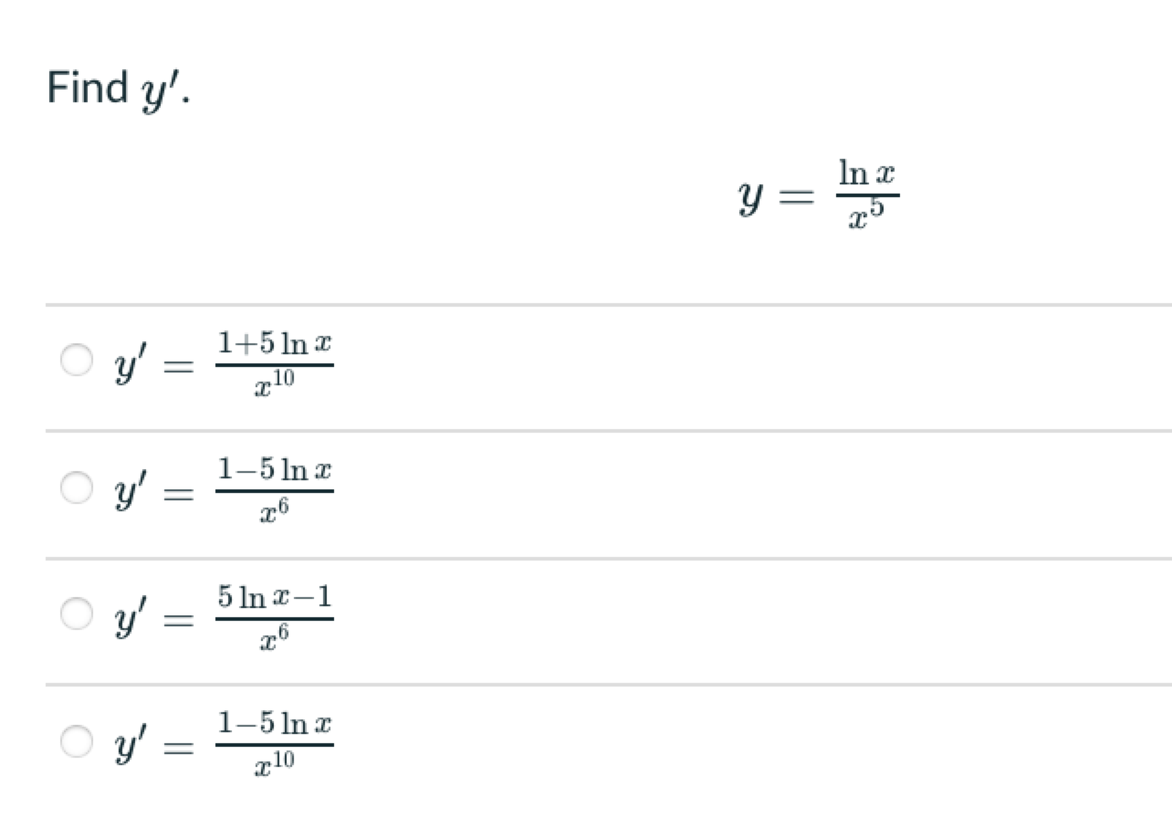 Solved Find y′. y=x5lnx | Chegg.com