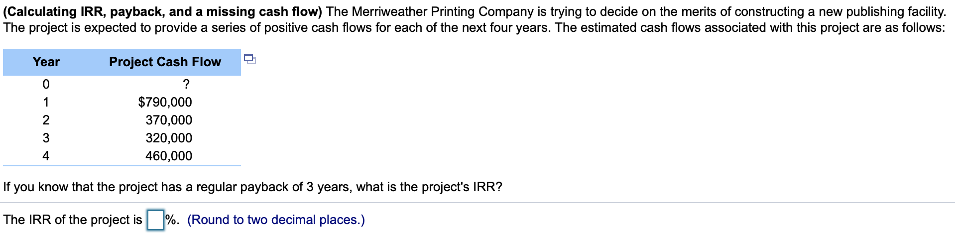 Solved (Calculating IRR, payback, and a missing cash flow) | Chegg.com