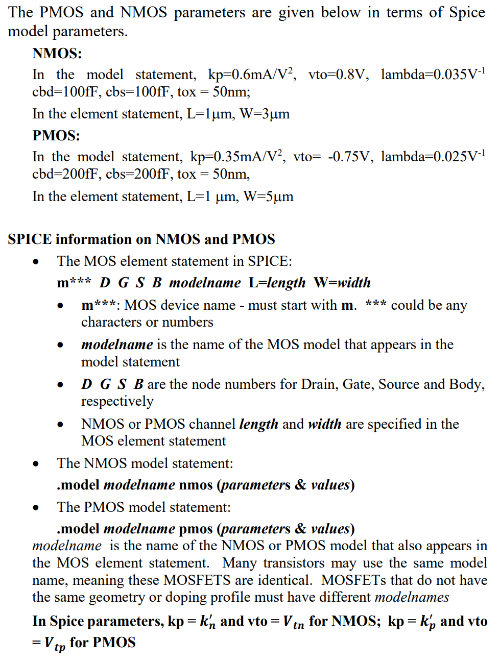 The PMOS and NMOS parameters are given below in terms | Chegg.com