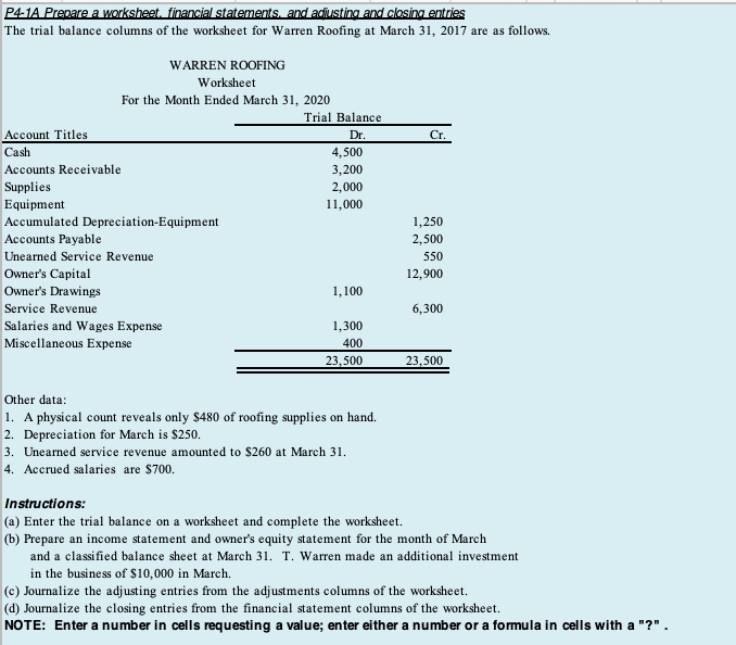 Solved P4-1A Prepare a worksheet financial statements, and | Chegg.com