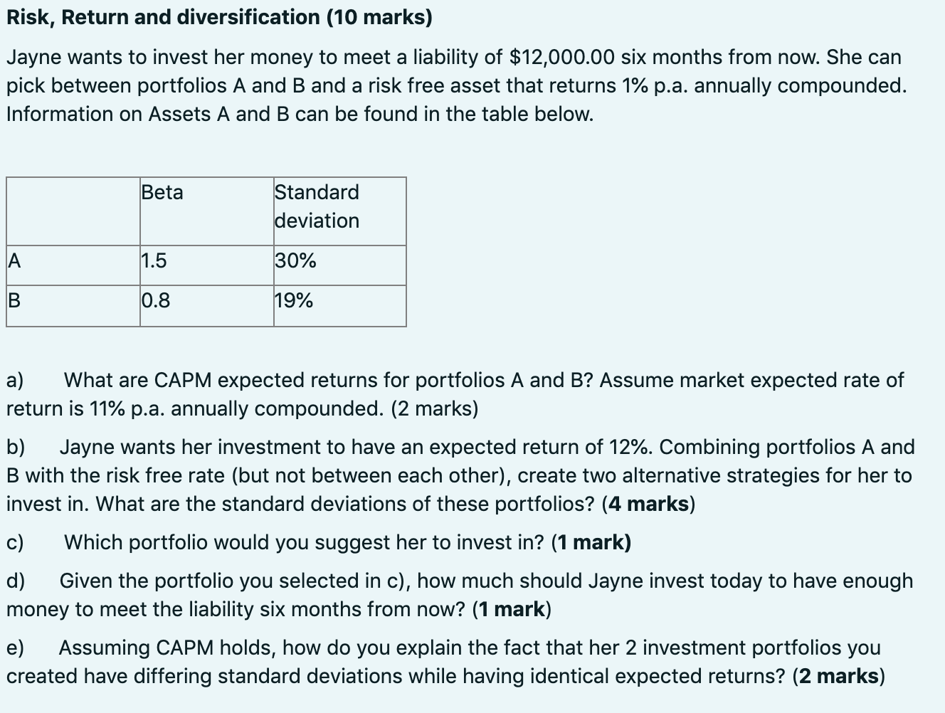 Solved Risk, Return and diversification (10 marks) Jayne | Chegg.com