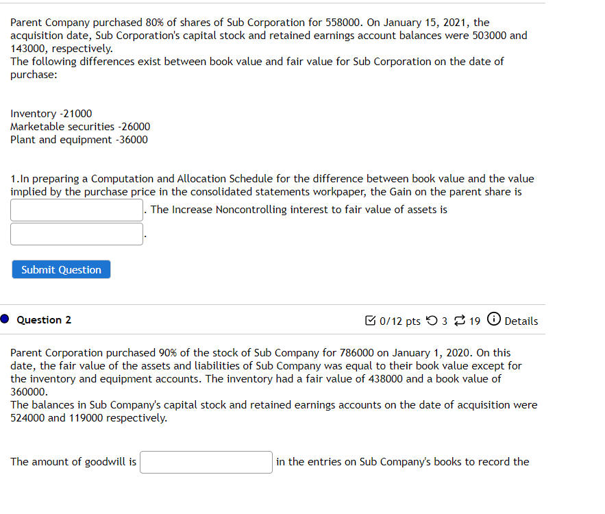 Solved Parent Company purchased 80% of shares of Sub | Chegg.com