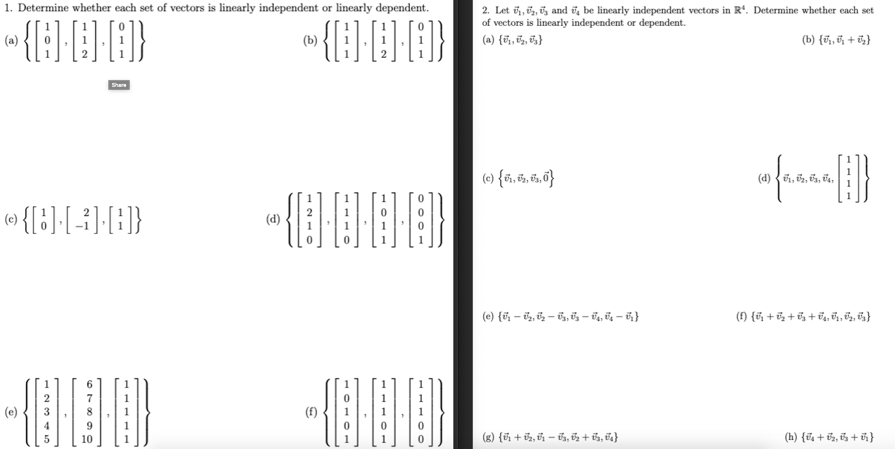 Solved 1. Determine whether each set of vectors is linearly | Chegg.com