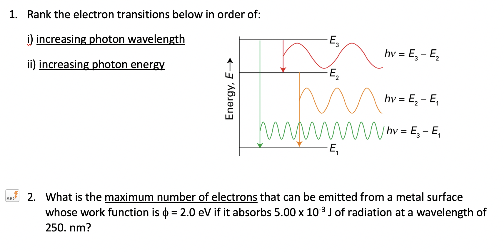 Solved 1. Rank the electron transitions below in order of: | Chegg.com