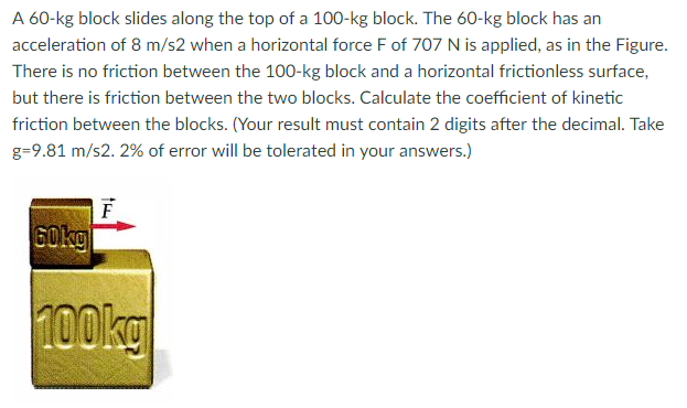 Solved A 60-kg block slides along the top of a 100-kg block. | Chegg.com