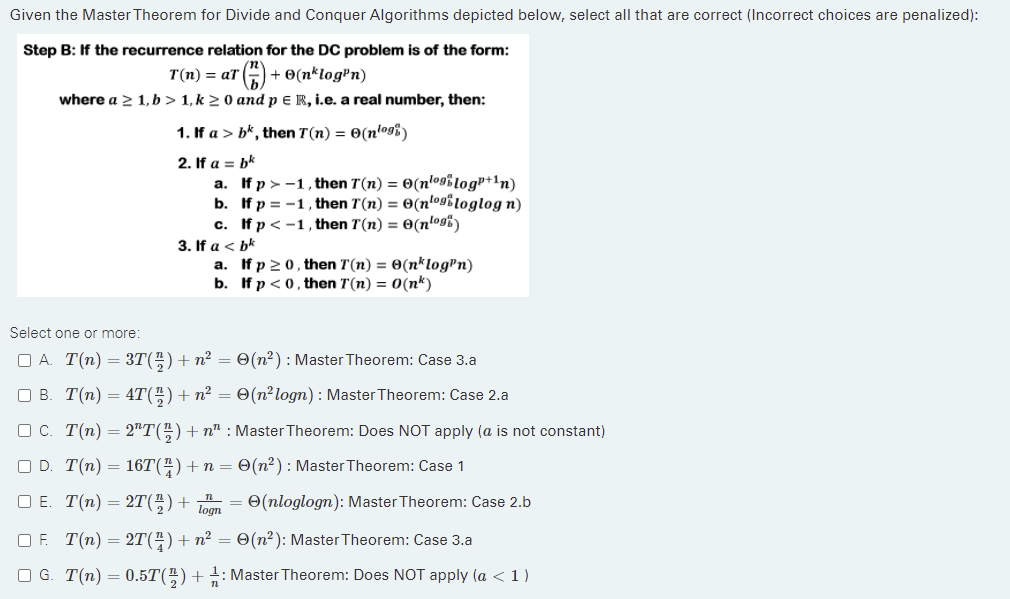 Solved Given the Master Theorem for Divide and Conquer | Chegg.com