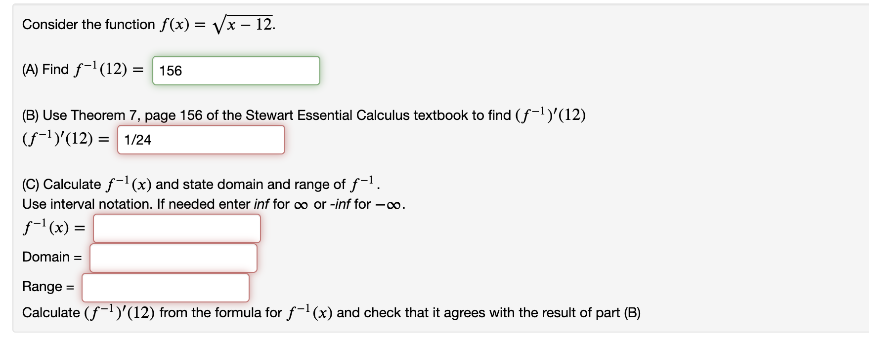 Solved Consider the function f(x)=x−12. (A) Find f−1(12)= | Chegg.com