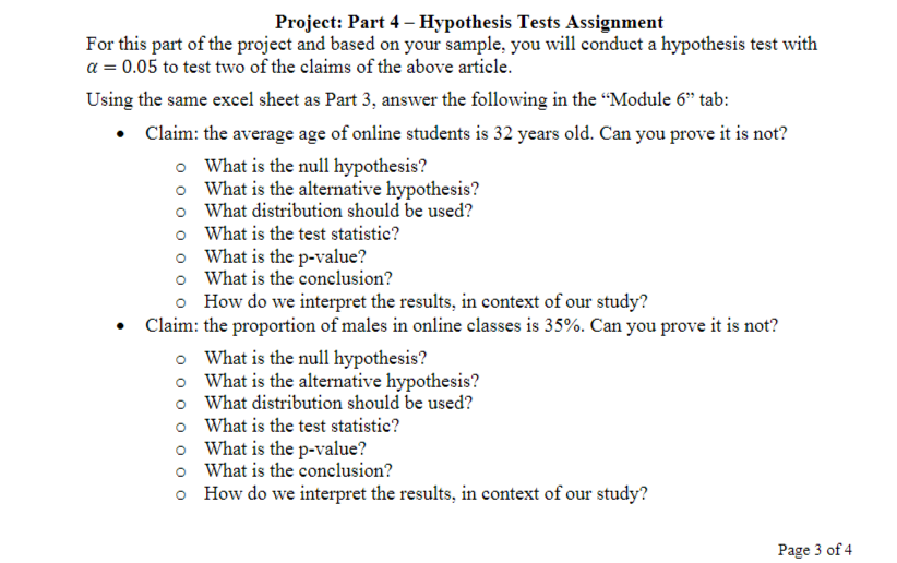 Solved Project: Part 4 - Hypothesis Tests Assignment For | Chegg.com