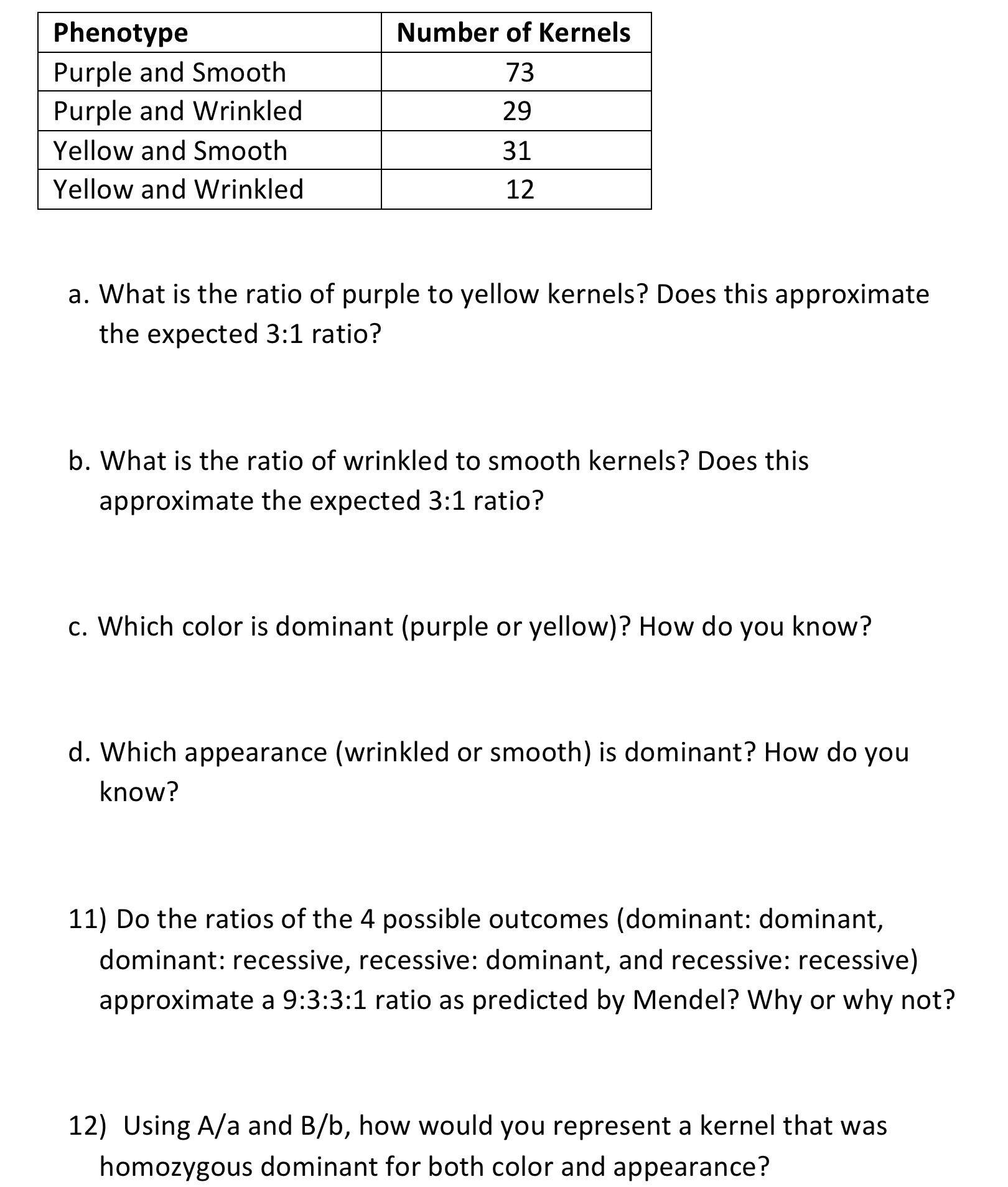 Solved a. What is the ratio of purple to yellow kernels? | Chegg.com