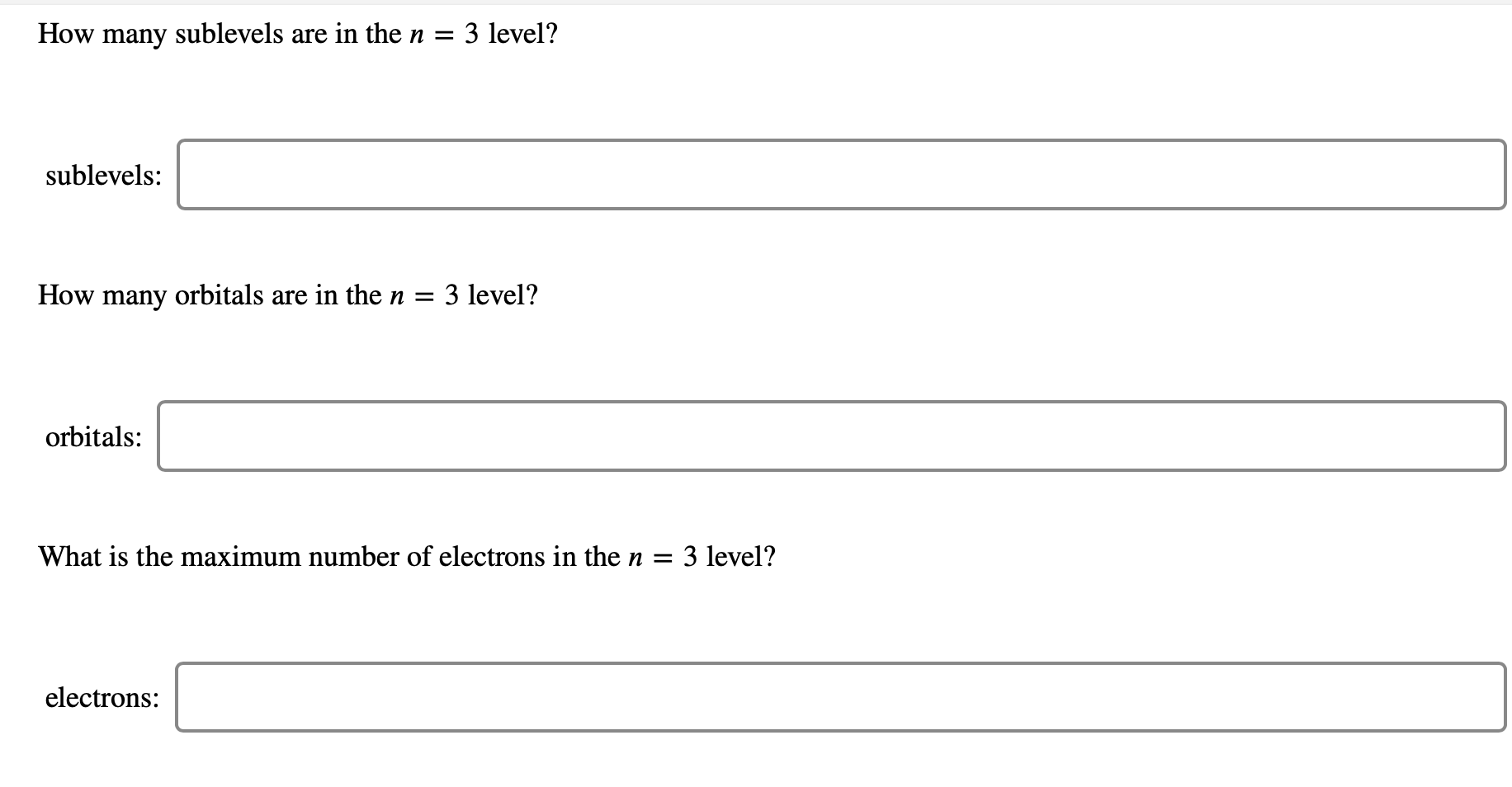 Solved How many sublevels are in the n = 3 level? sublevels: | Chegg.com