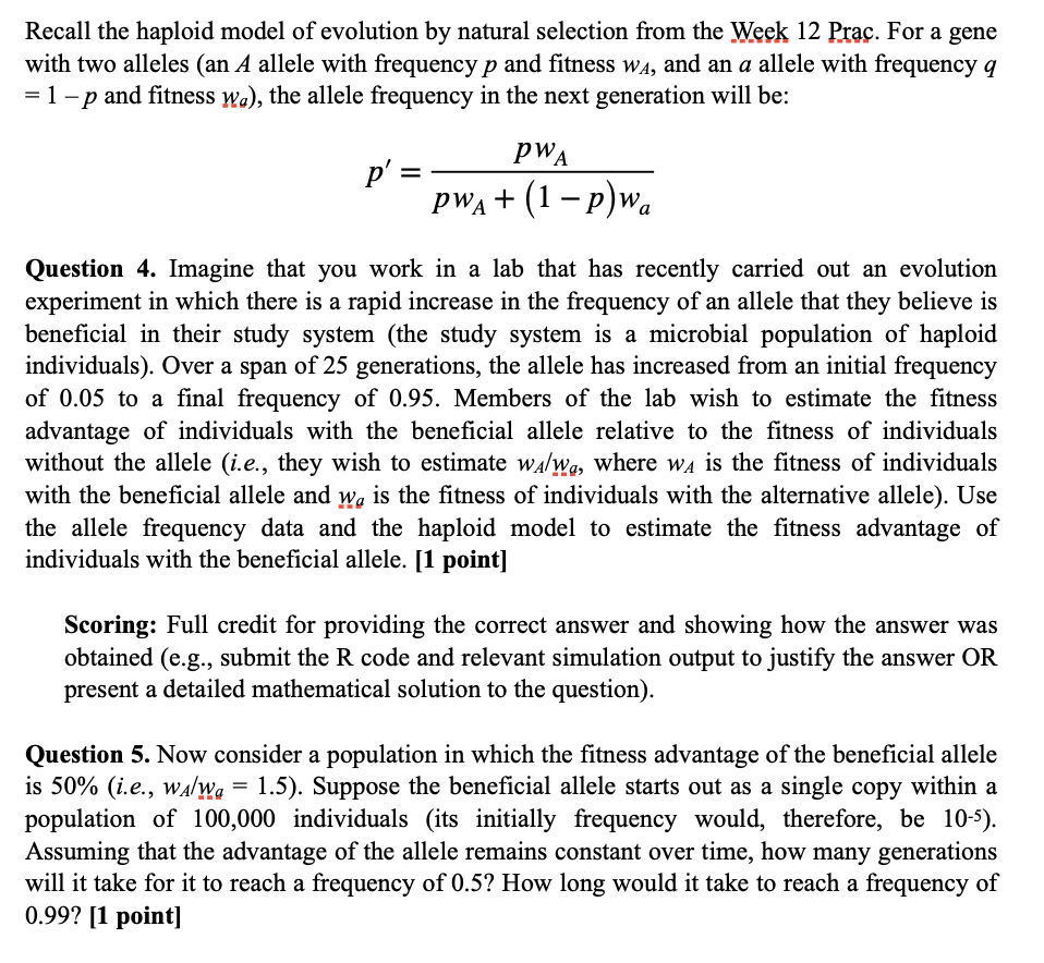 Recall the haploid model of evolution by natural | Chegg.com
