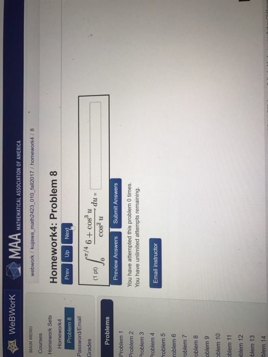 Solved integral^pi/4_0 6 + cos^3 u/cos^2 u du = | Chegg.com