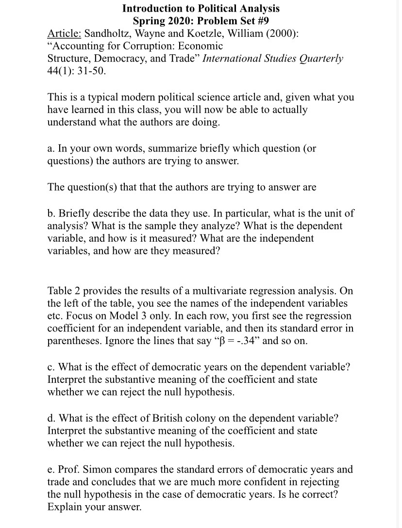 Introduction to Political Analysis Spring 2020: | Chegg.com