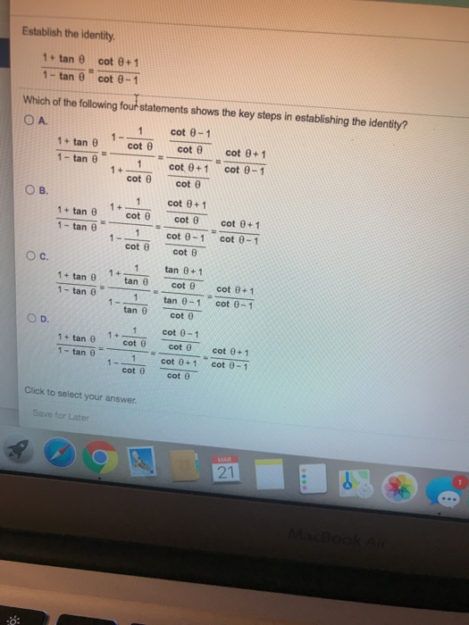 Solved Establish the identity 1+tan θ cot θ+1 1-tan θ=cot | Chegg.com