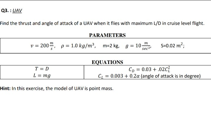 Solved Q3.: UAV Find the thrust and angle of attack of a UAV | Chegg.com