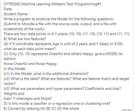 Solved CPTR5360 Machine Learning Midterm Test: Programming#1 | Chegg.com