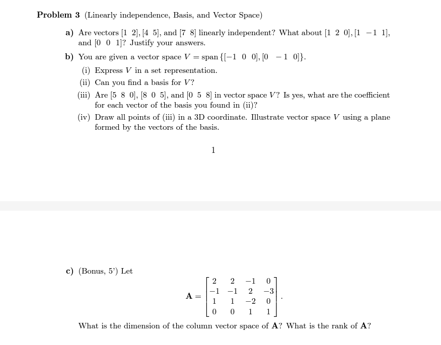 Solved roblem 3 (Linearly independence, Basis, and Vector | Chegg.com