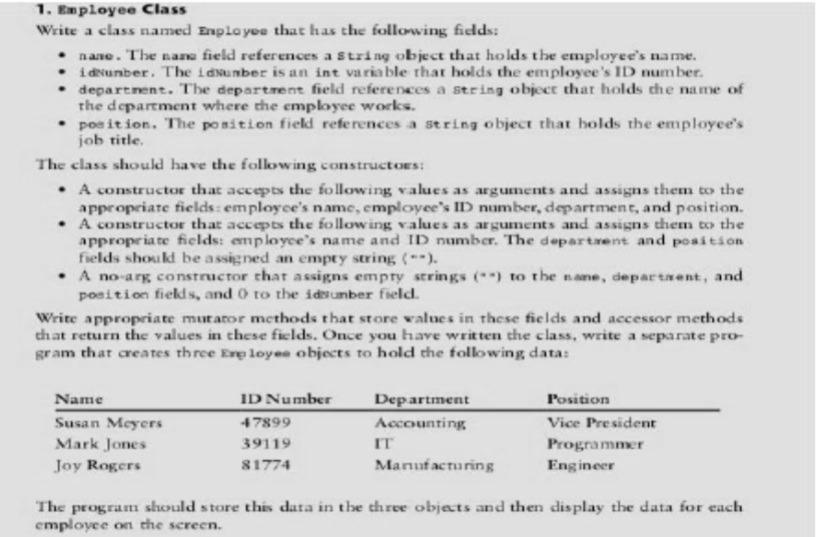 Solved 1. Employee Class Write a class named Enployoe that | Chegg.com