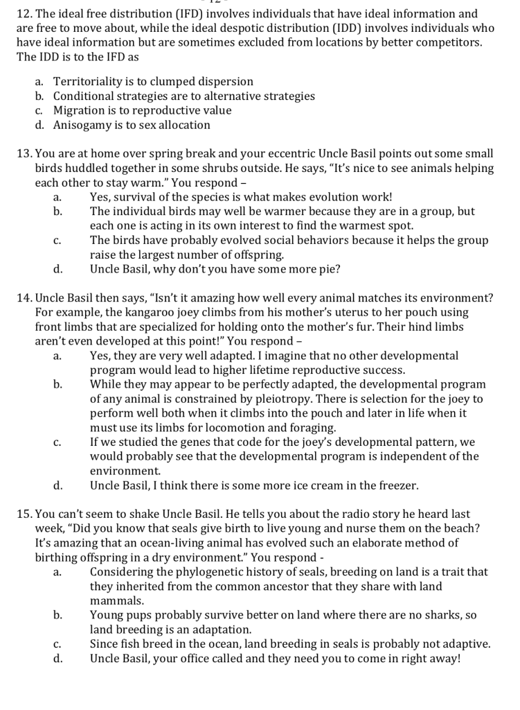 Solved 12. The ideal free distribution (IFD) involves | Chegg.com