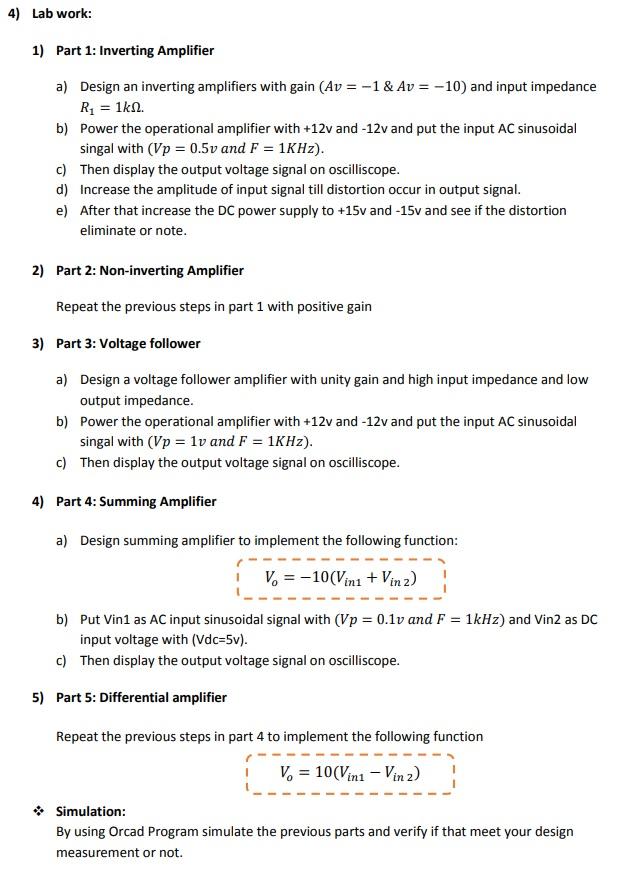 4) Lab work: 1) Part 1: Inverting Amplifier a) Design | Chegg.com