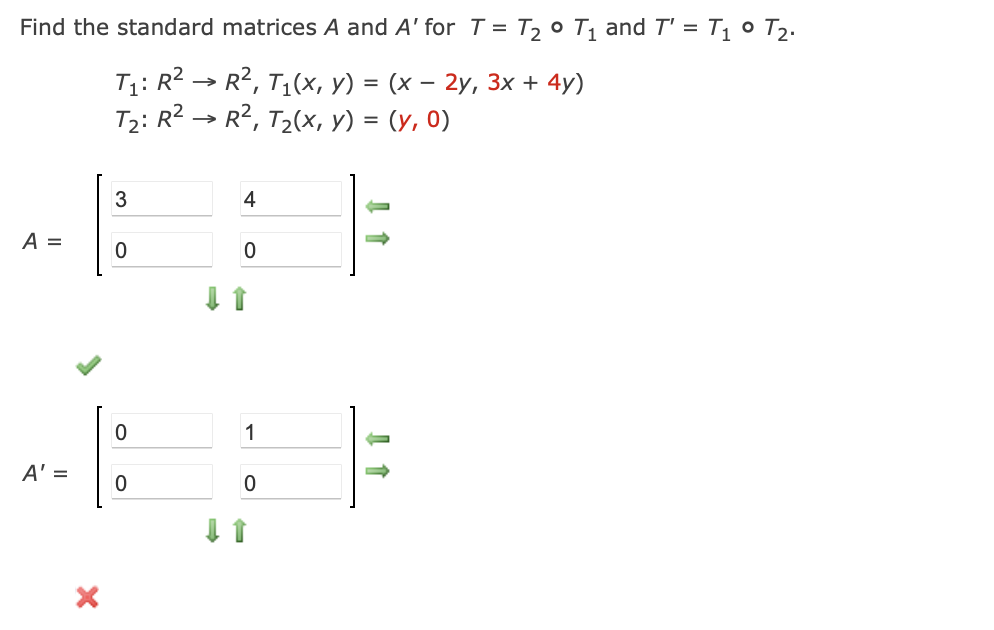 Solved Find the standard matrices A and A′ for T=T2∘T1 and | Chegg.com