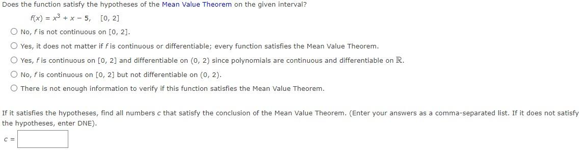 Solved Does the function satisfy the hypotheses of the Mean | Chegg.com