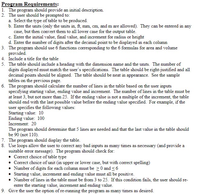 Solved Write a C++ program that will create tables of volume | Chegg.com