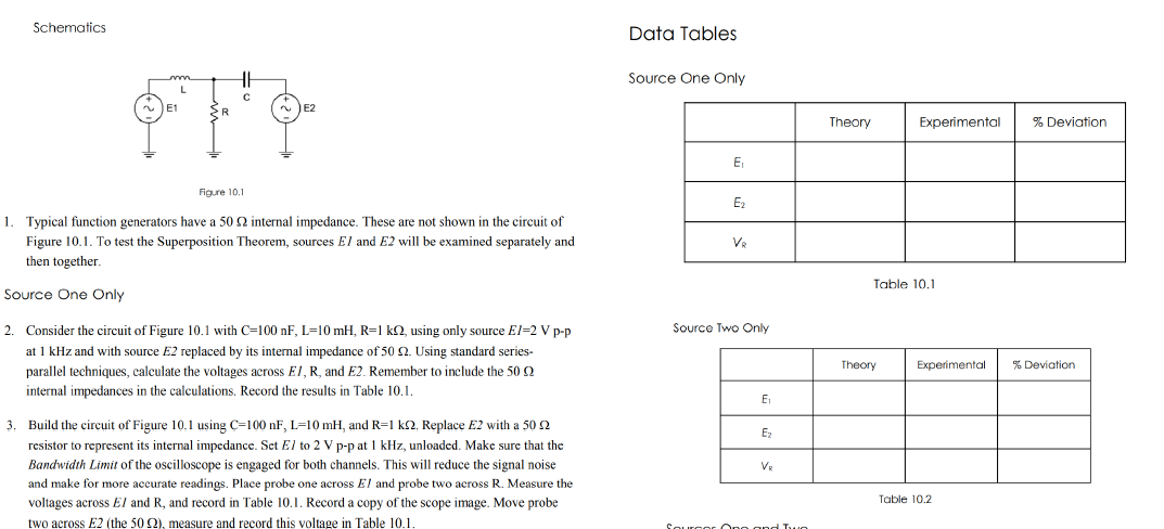 Solved Schematics Data Tables HH Source One Only с E1 E2 | Chegg.com