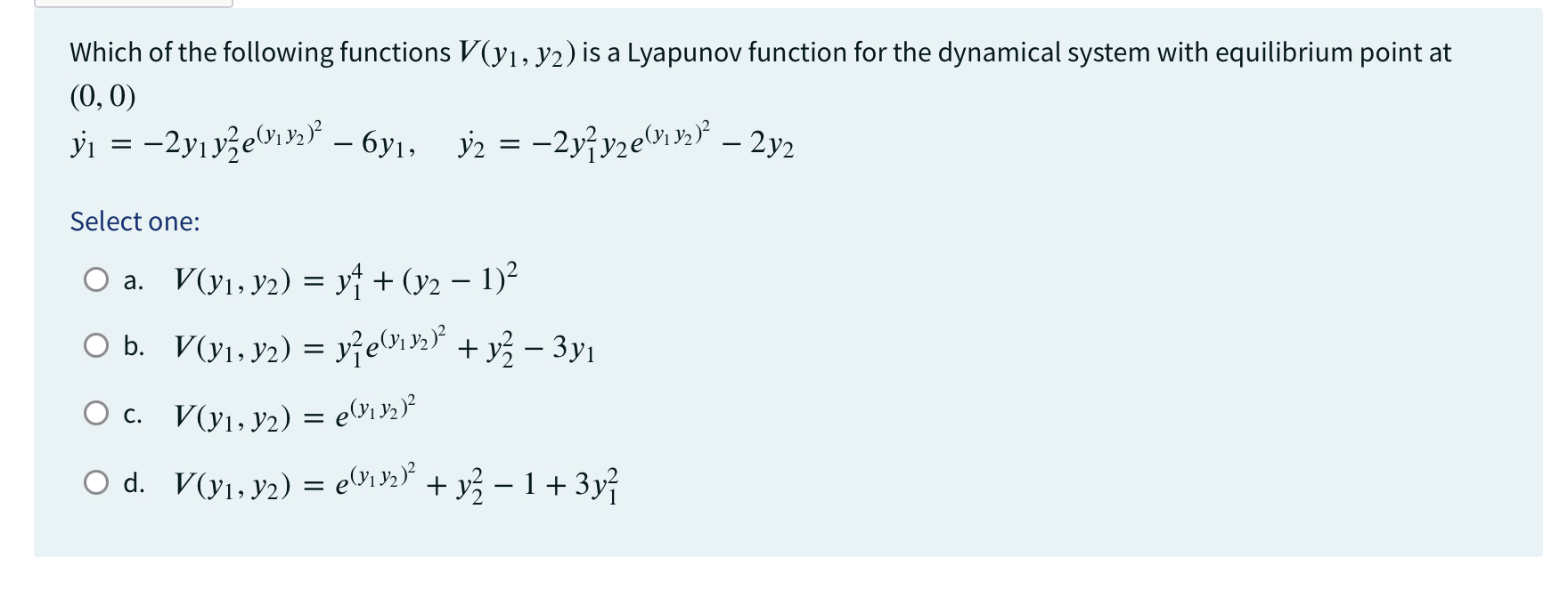 Solved Which of the following functions V(y1,y2) is a | Chegg.com