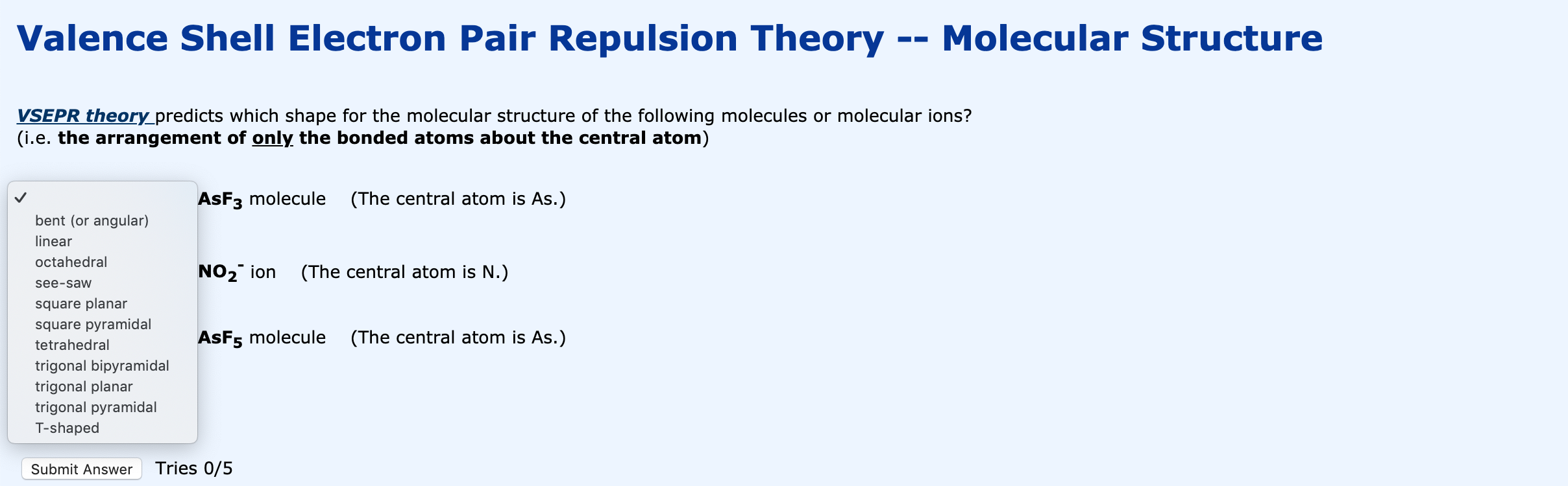 Solved Valence Shell Electron Pair Repulsion Theory -- | Chegg.com