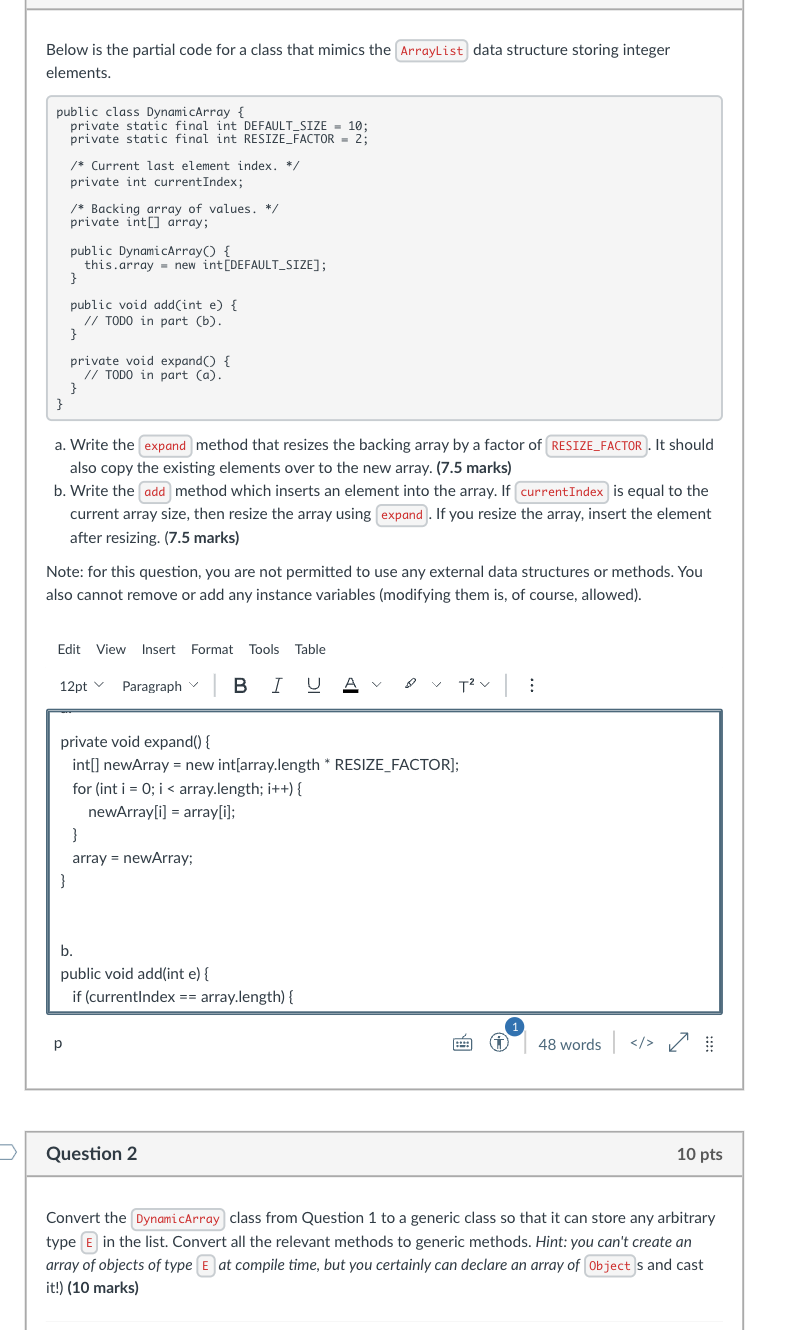 Solved elements. public class DynamicArray \{ private static | Chegg.com