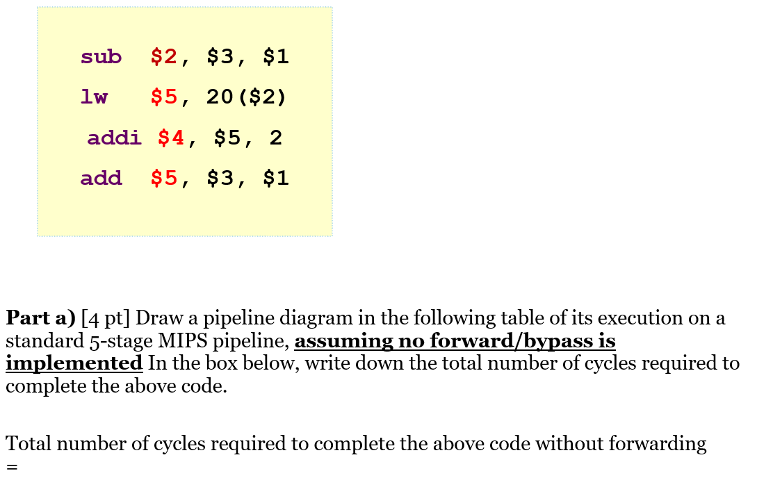 Solved sub $ 2, $3, $1 1 lw $5, 20 ($2) addi $4, $5, 2 add | Chegg.com