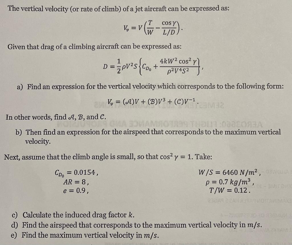 The vertical velocity (or rate of climb) of a jet | Chegg.com
