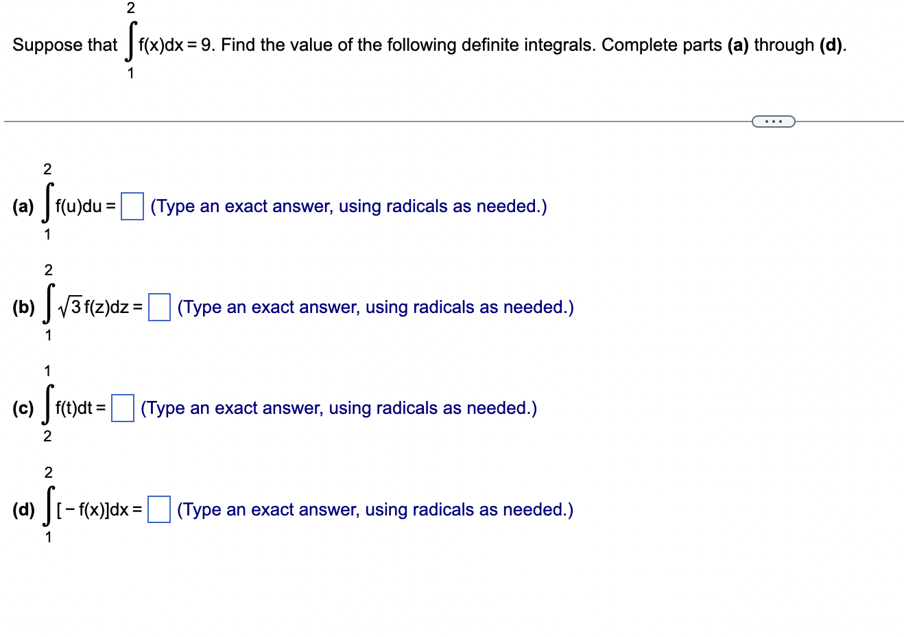 Solved Suppose that ∫12f(x)dx=9. Find the value of the | Chegg.com