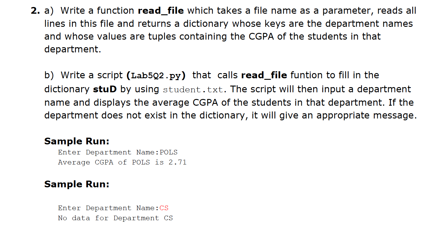 Solved 2. a) Write a function read_file which takes a file | Chegg.com