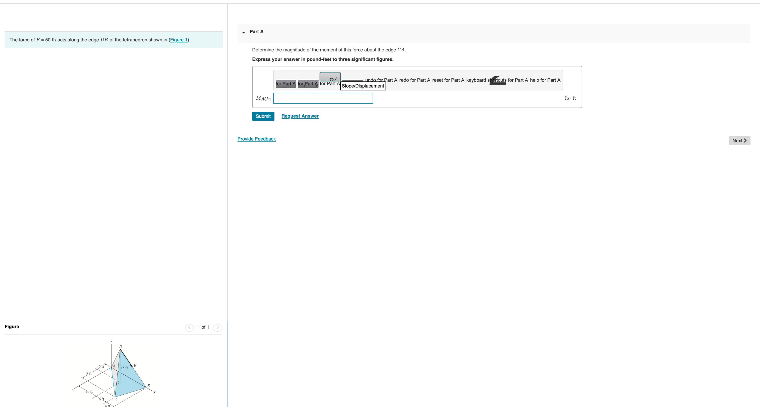 Solved The force of F=50lb acts along the edge DB of the | Chegg.com