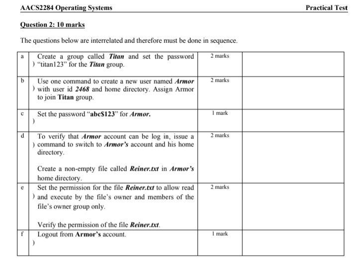 Solved AACS2284 Operating Systems Practical Test Question 2: | Chegg.com