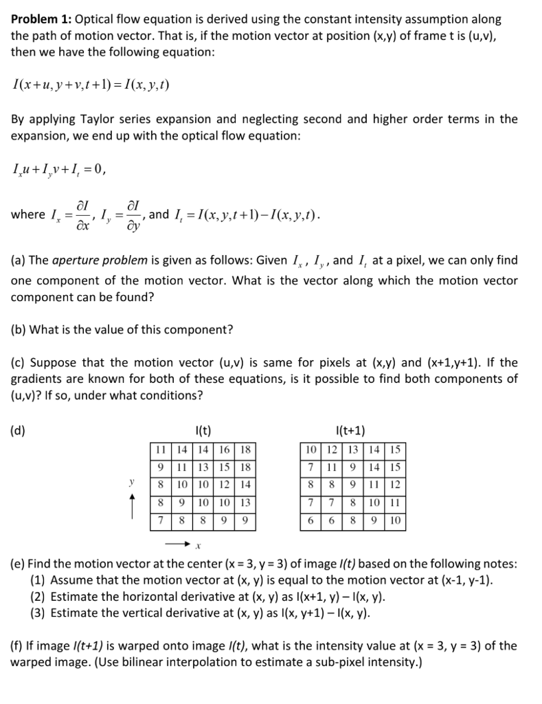 Problem 1: Optical flow equation is derived using the | Chegg.com
