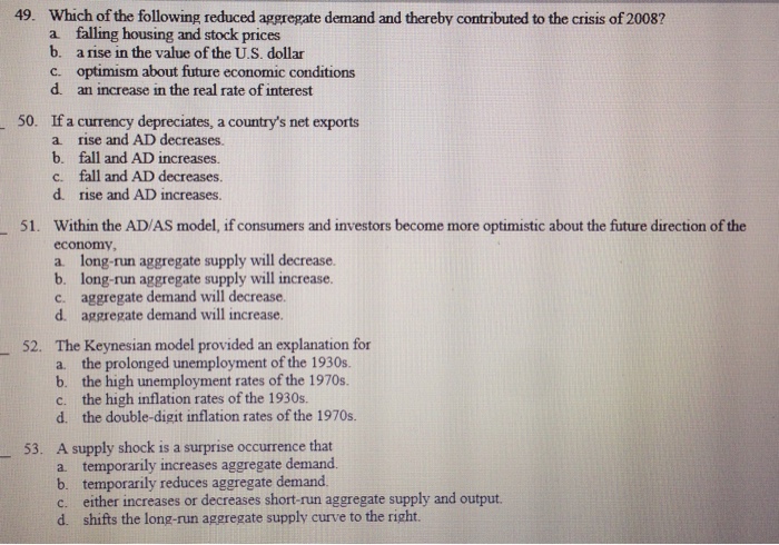 Solved Which of the following reduced aggregate demand and | Chegg.com