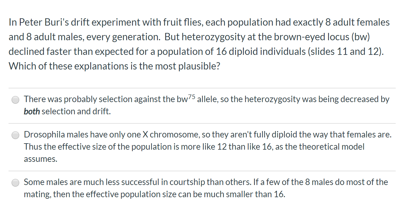 Solved In Peter Buri's drift experiment with fruit flies, | Chegg.com