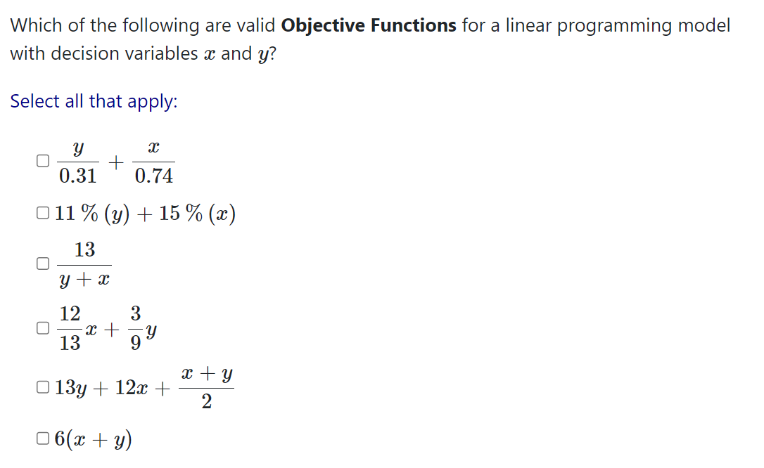 Solved Which of the following are valid Objective Functions | Chegg.com Solved Which of the following are valid Objective Functions | Chegg.com