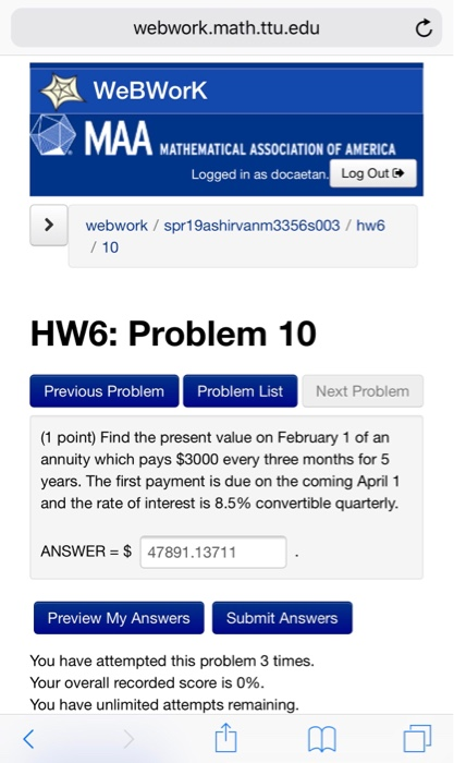 Solved webwork.math.ttu.edu WeBWorK MAA MATHEMATICAL | Chegg.com