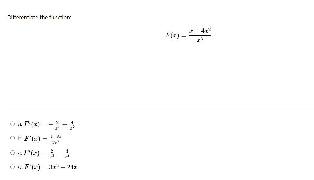 Solved Differentiate the function: F(x)=x3x−4x2. a. | Chegg.com