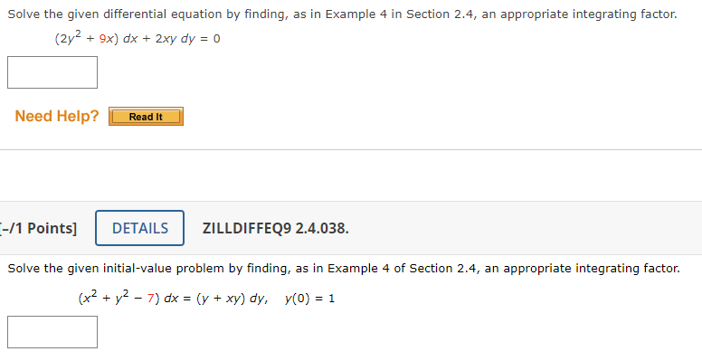Solved 2y2 9x Dx 2xydy 0 Zilldiffeq9 2 4 038 Solve The