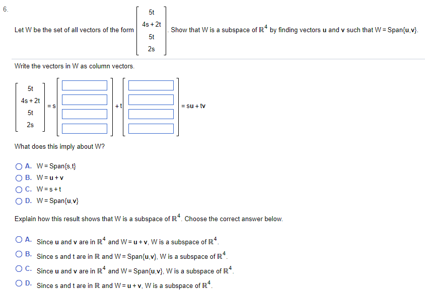 Solved Let W be the set of all vectors of the form ⎣⎡5t4 | Chegg.com