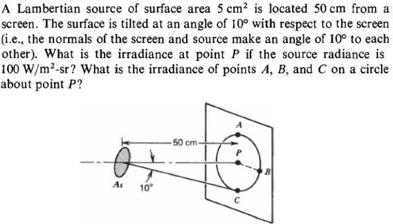 Solved A Lambertian source of surface area 5cm2 ﻿is located | Chegg.com