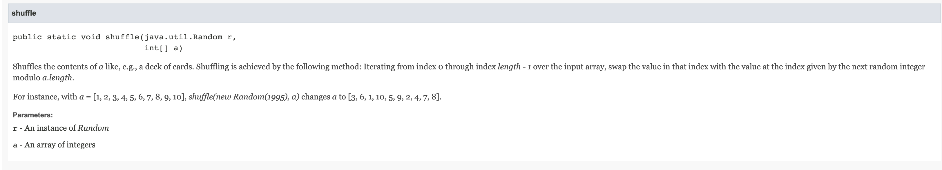 Solved shuffle public static void shuffle (java.util.Random | Chegg.com