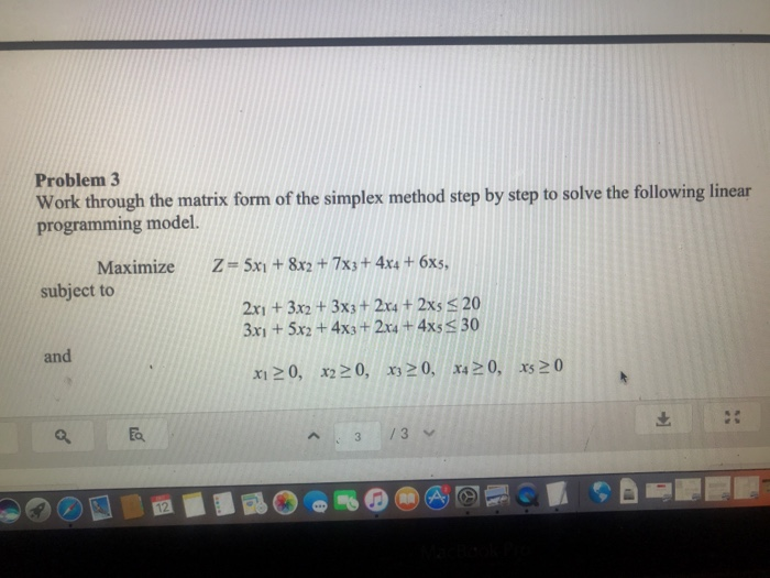 Solved Problem 3 Work through the matrix form of the simplex | Chegg.com