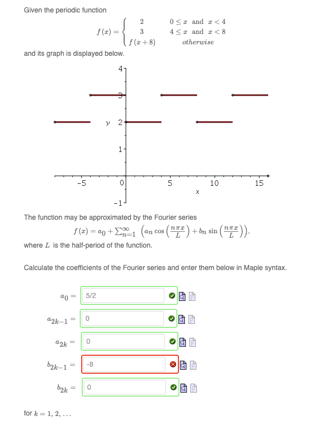 Solved Given the periodic function f(x)=⎩⎨⎧23f(x+8)0≤x and | Chegg.com