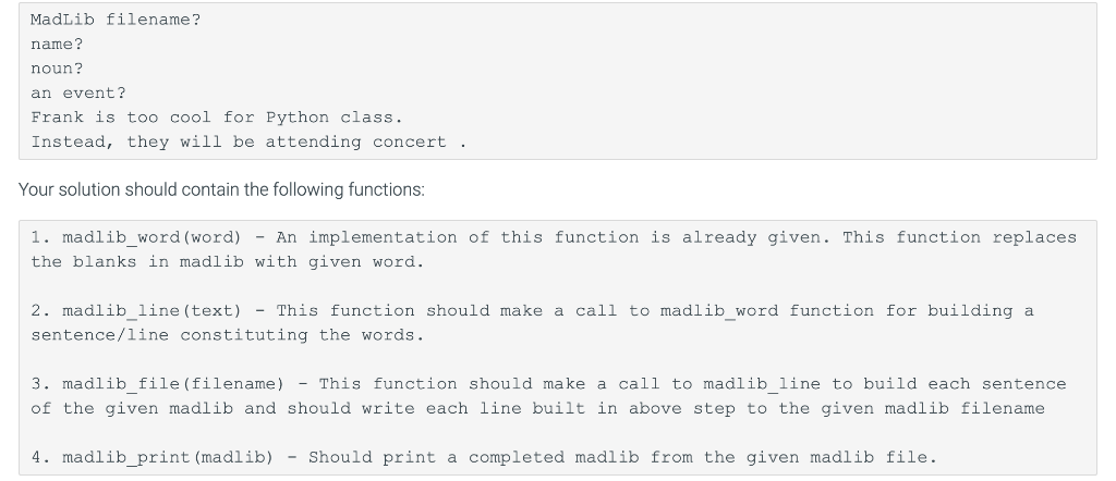 # MadLibs from a file using python def | Chegg.com